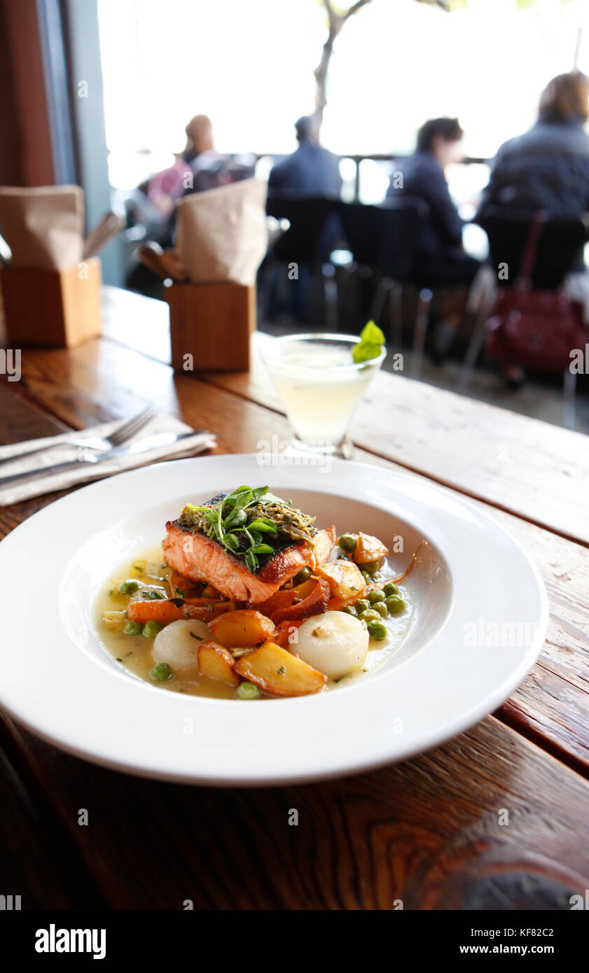 USA, California, Oakland, Chop Bar, Local King Salmon, English Peas ...