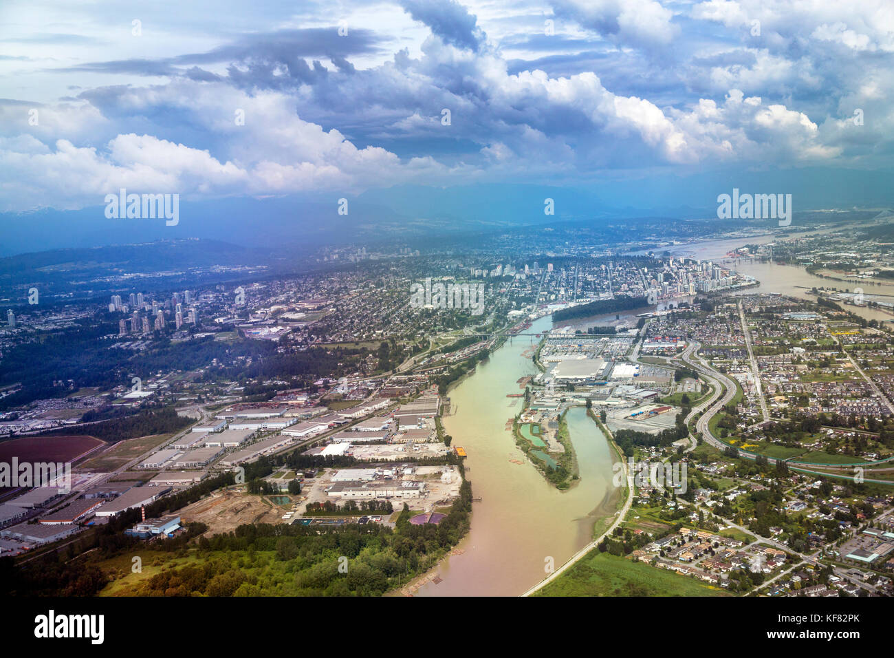 CANADA, Vancouver, British Columbia, aerial view of the Fraser River ...