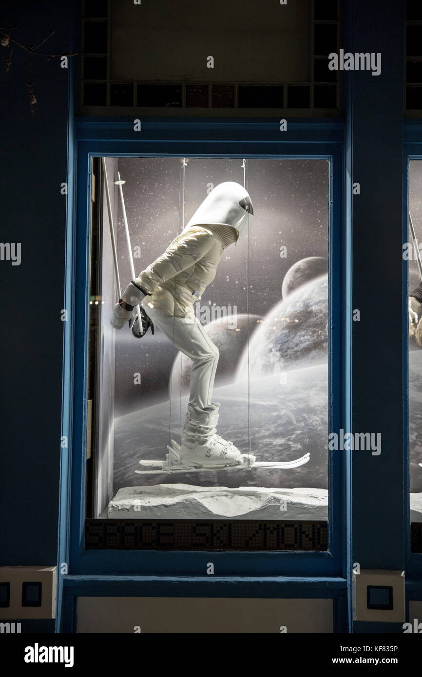 USA, Colorado, Aspen, Moncler storefront window display in downtown ...