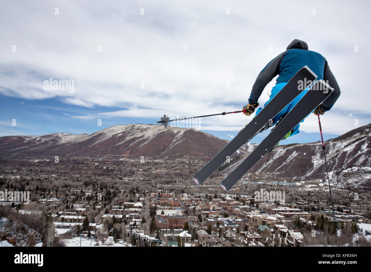 USA, Colorado, Aspen, skier getting air on a trail called Corkscrew ...
