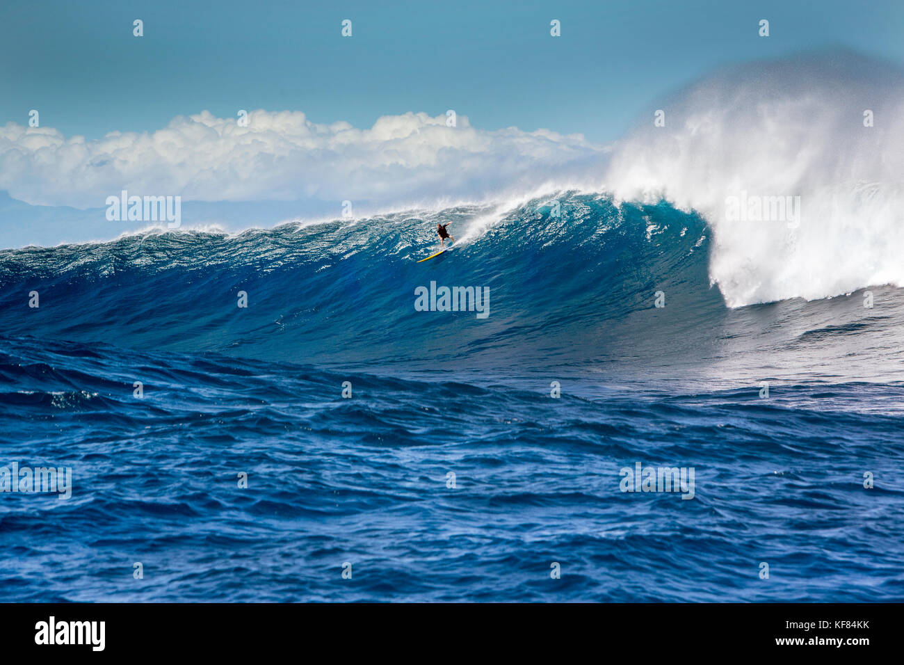 USA, HAWAII, Maui, Jaws, big wave surfers taking off on a wave at Peahi ...