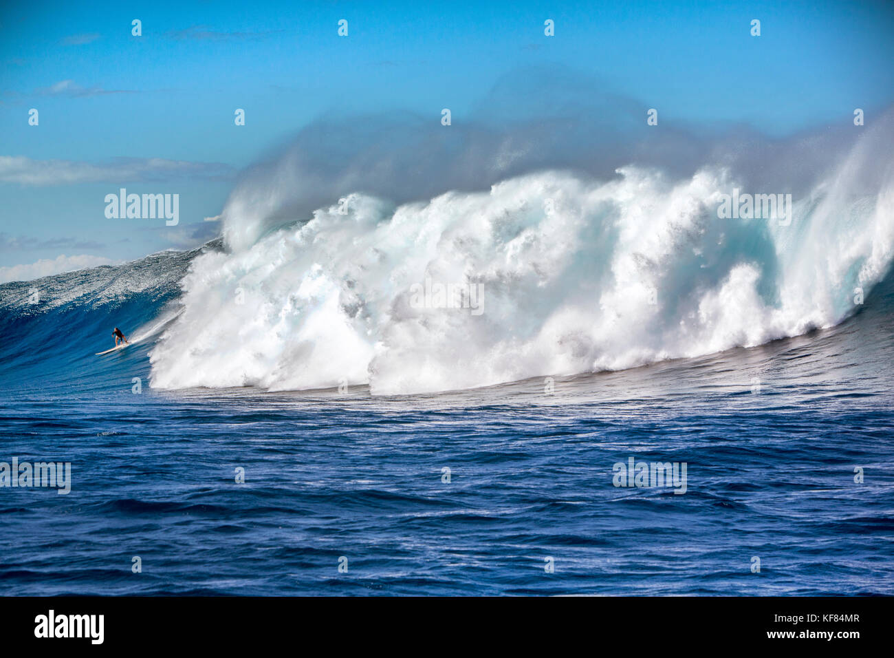 USA, HAWAII, Maui, Jaws, big wave surfers taking off on a wave at Peahi ...
