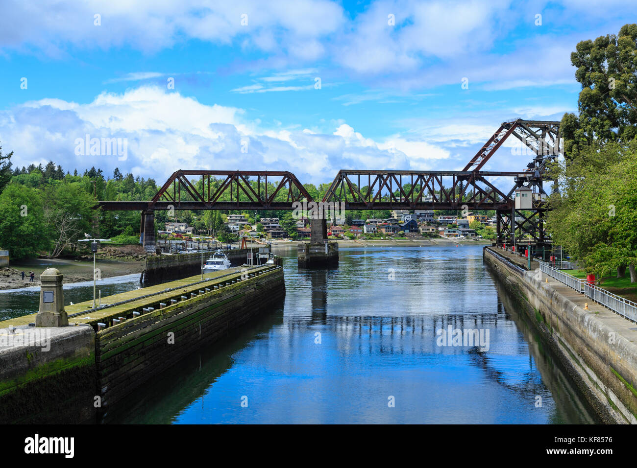 Ballard Locks and Steel Bridge Over Salmon Bay near Seattle Stock Photo ...