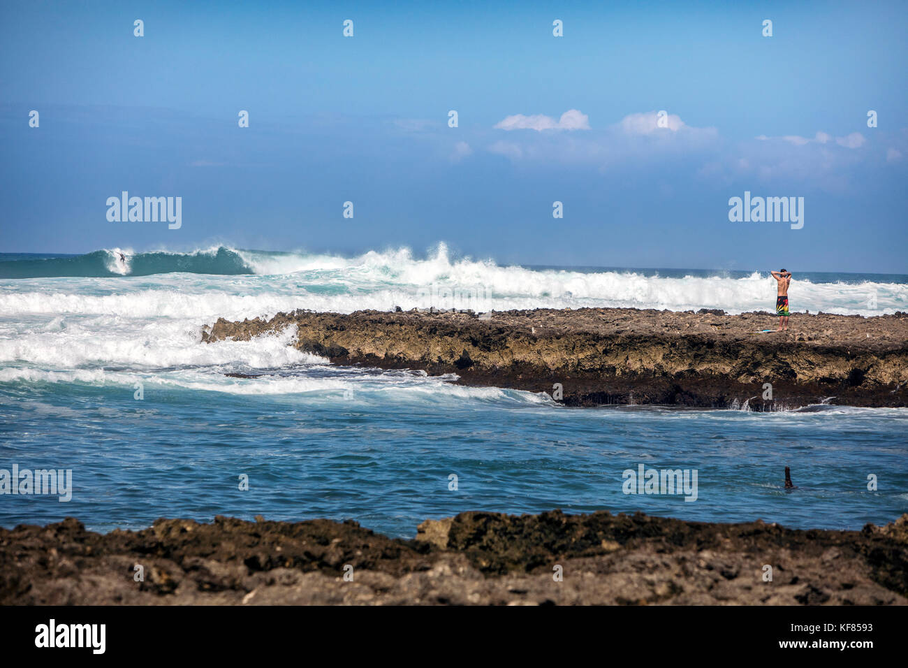 HAWAII, Oahu, North Shore, individuals surfing at Puaena Point Beach ...