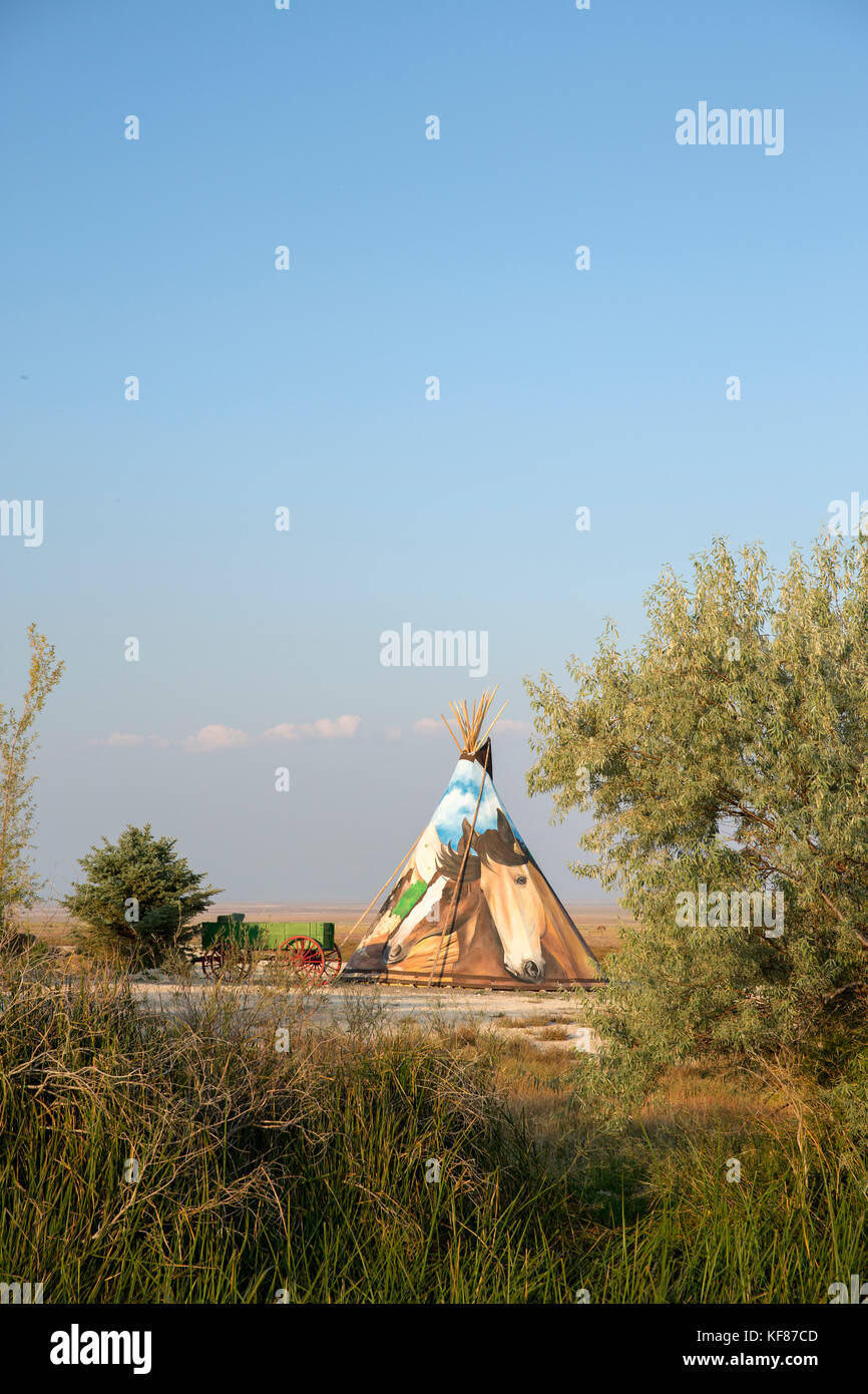 USA, Nevada, Wells, colorful tipis are scattered all over Mustang ...