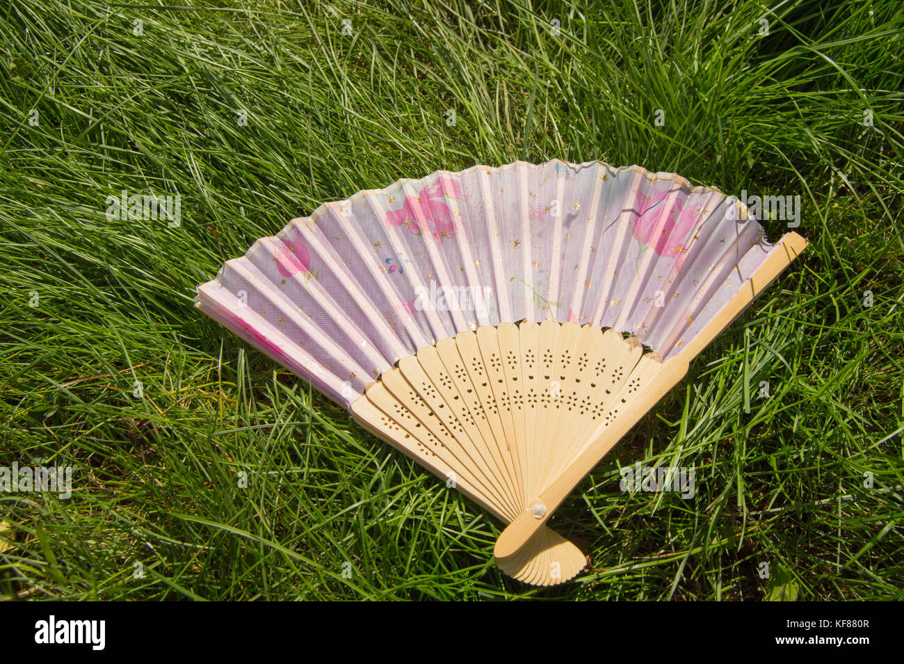 Opened a bamboo fan lying on the grass, copy space Stock Photo - Alamy