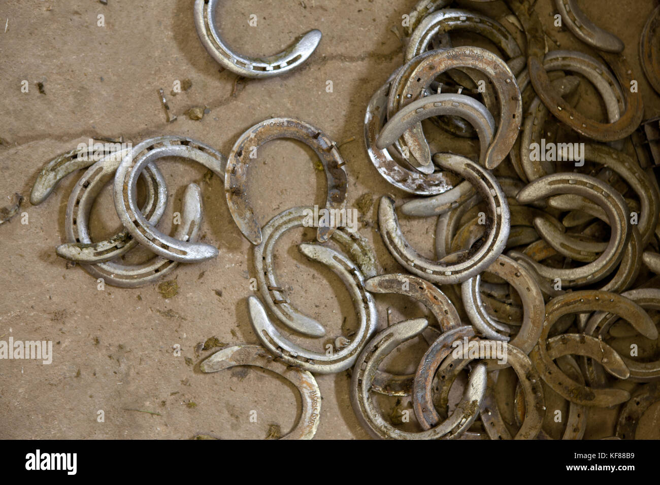 USA, Wyoming, Encampment, a pile of old worn horseshoesUSA, Wyoming ...