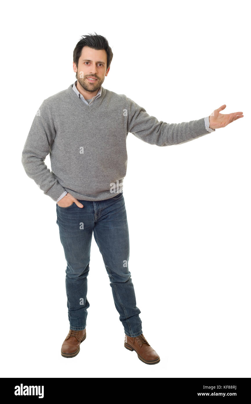 casual man with arm out in a welcoming gesture, isolated on white Stock ...