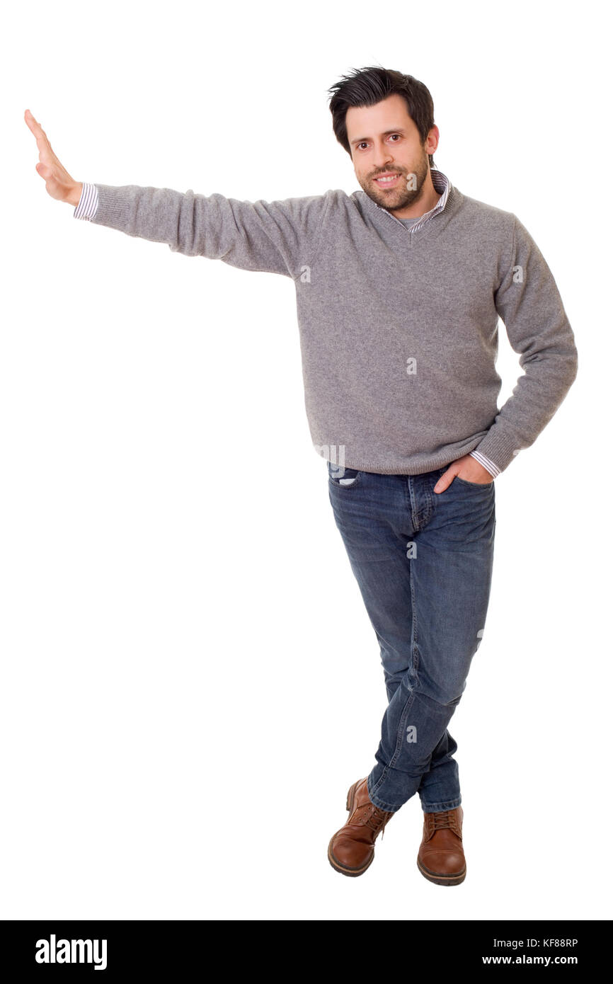 casual man with arm out in a showing gesture, isolated on white Stock ...