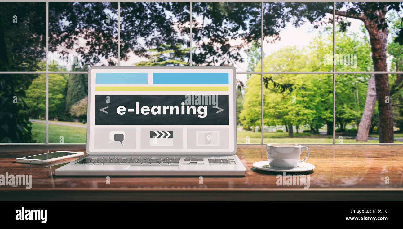 Laptop with e-learning screen placed on a wooden desk. Room with a ...