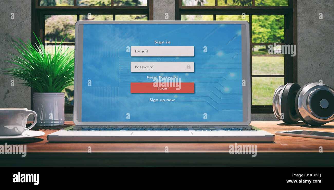 Laptop with login screen and silver color placed on a wooden desk, Room ...