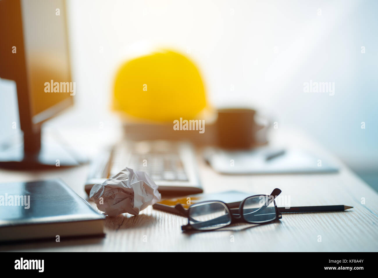 Architecture project failure, crumpled blueprint sketch paper on office ...