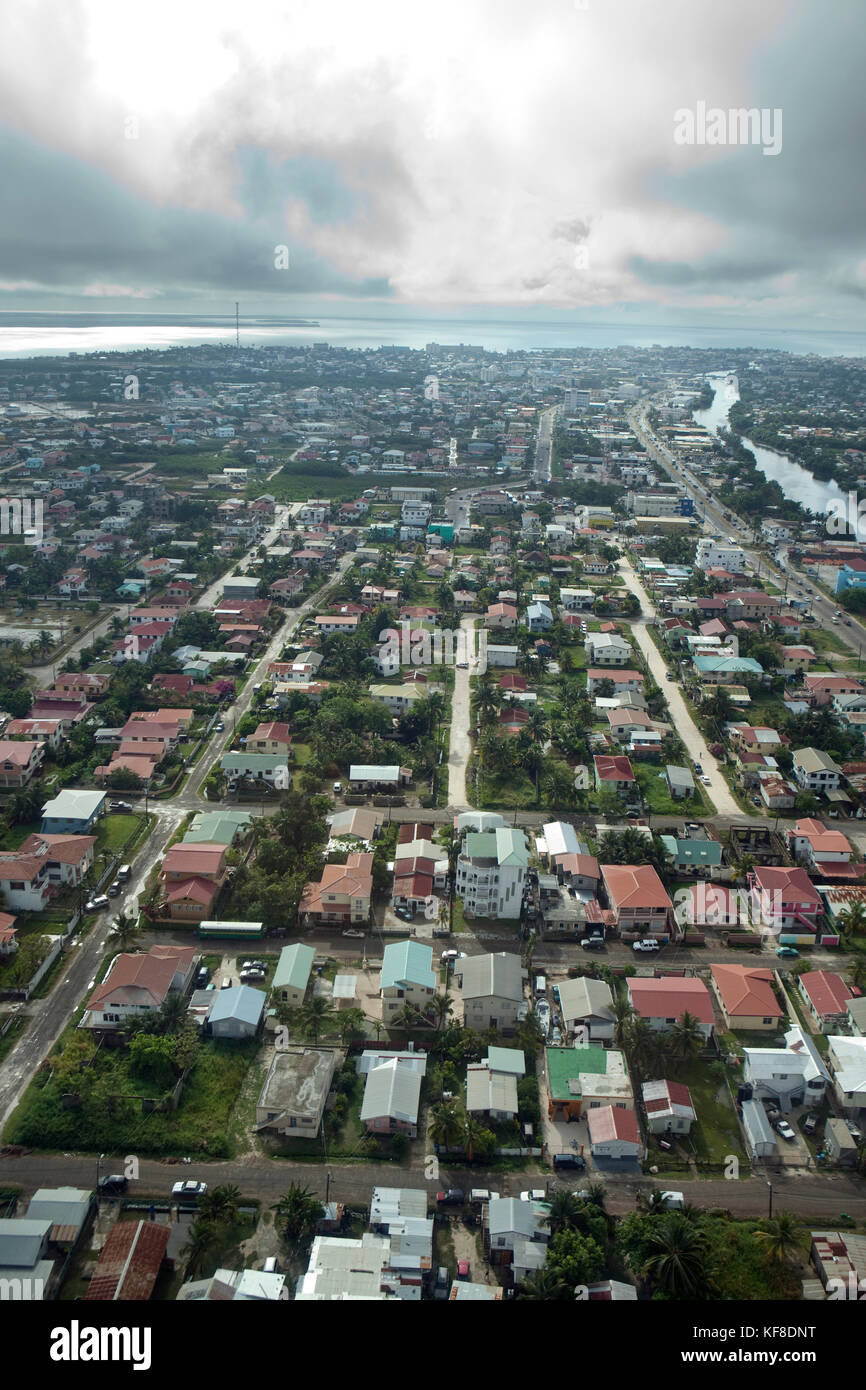 BELIZE, Belize City, aerial view of Belize City and the Caribbean Sea ...