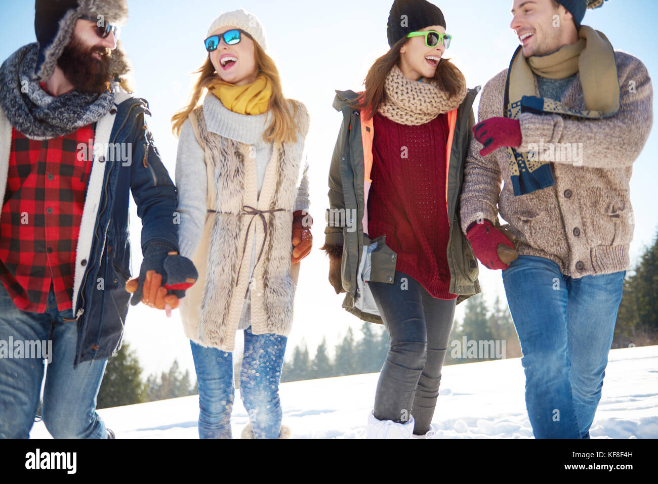 Four friends on sunny day in the mountains Stock Photo - Alamy