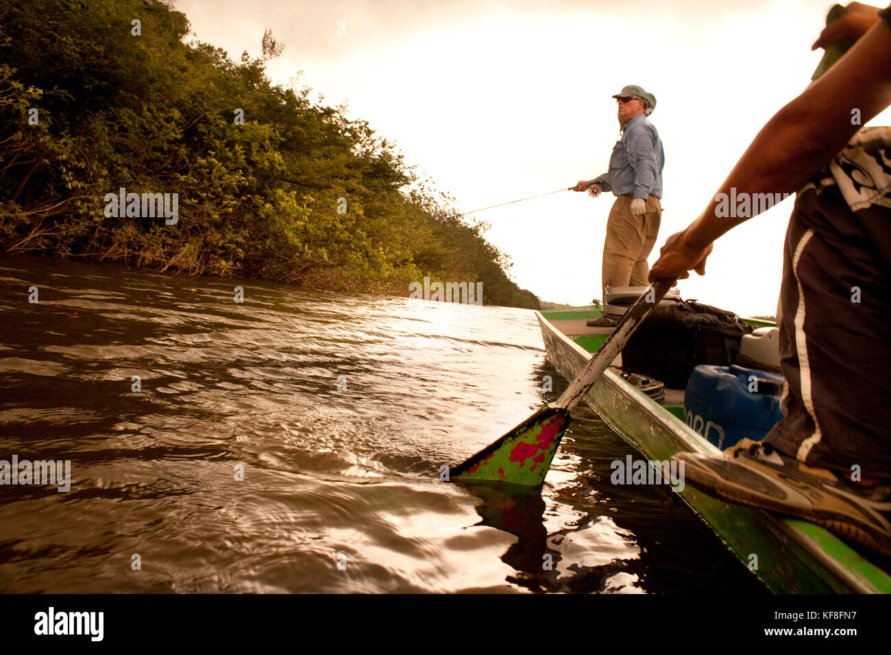BRAZIL, Agua Boa, fly fisherman casting on a tributary of the Amazon ...