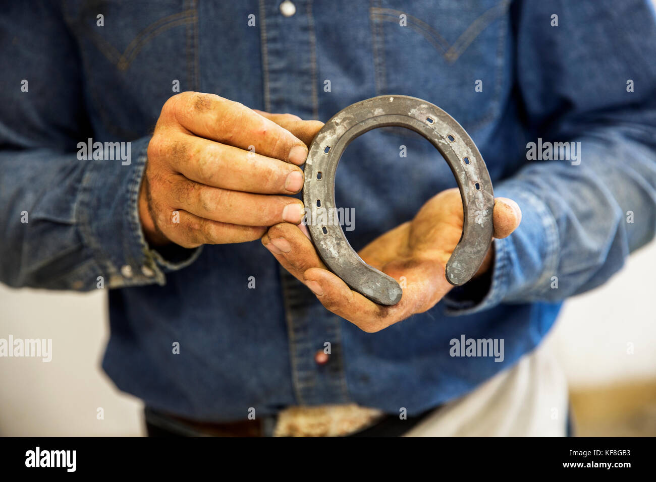 USA, Nevada, Wells, cowboy and wrangler Clay Nannini gives the horses ...