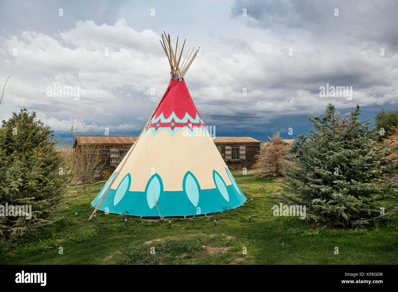USA, Nevada, Wells, colorful tipis are scattered all over Mustang ...