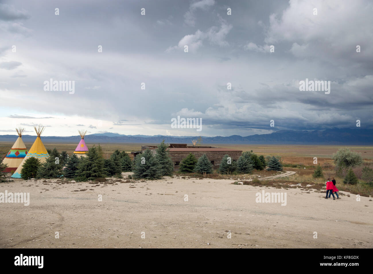 USA, Nevada, Wells, colorful tipis are scattered all over Mustang ...
