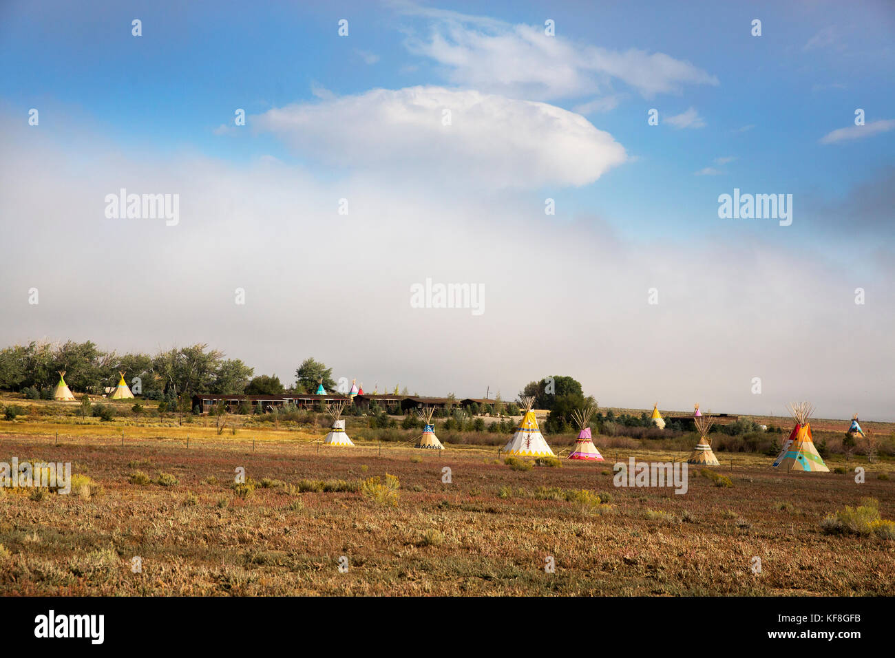 USA, Nevada, Wells, colorful tipis are scattered all over Mustang ...