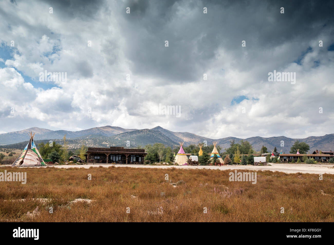 USA, Nevada, Wells, colorful tipis are scattered all over Mustang ...