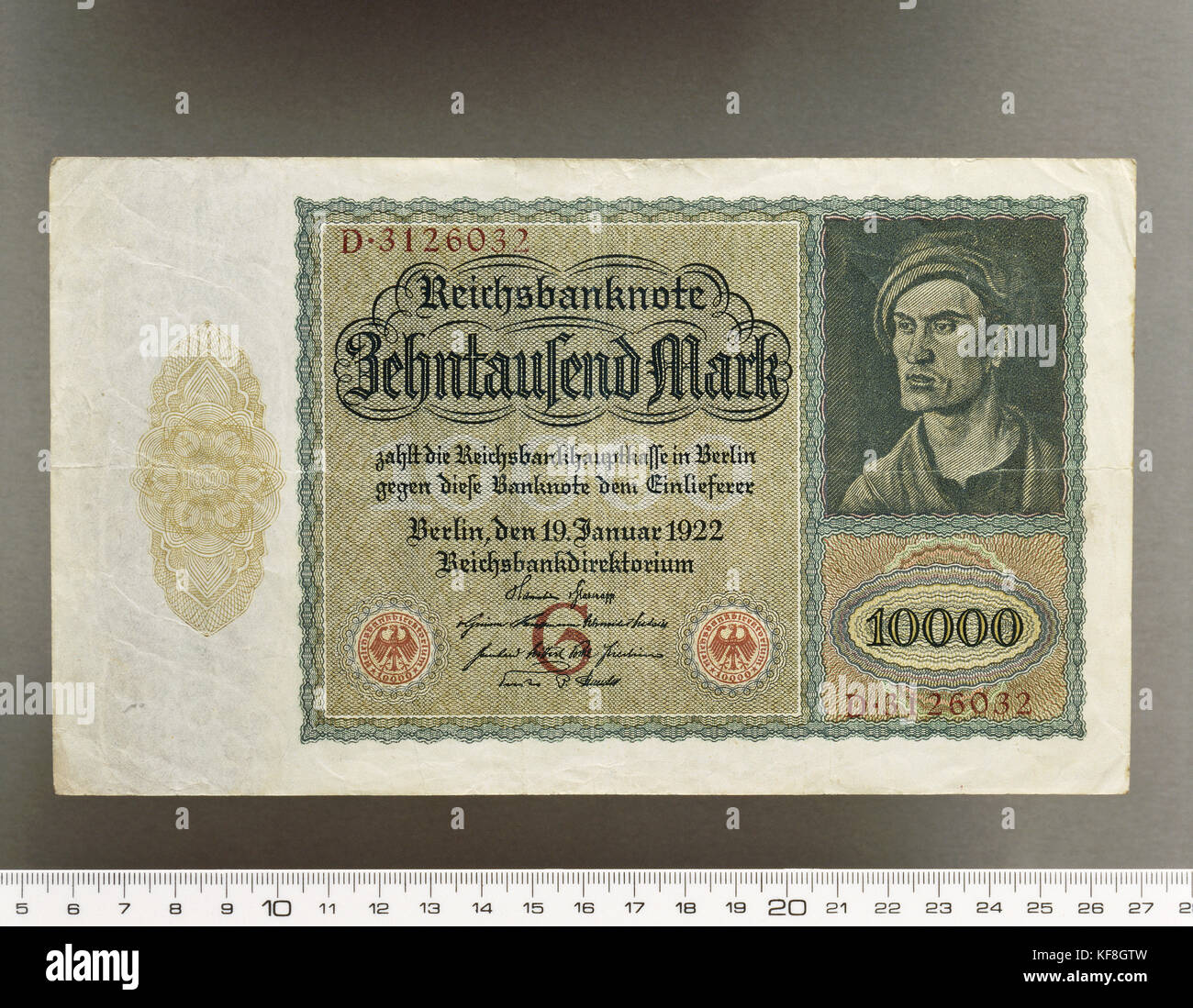 Ten thousand mark banknote, obverse, male portrait by Albrecht Durer ...