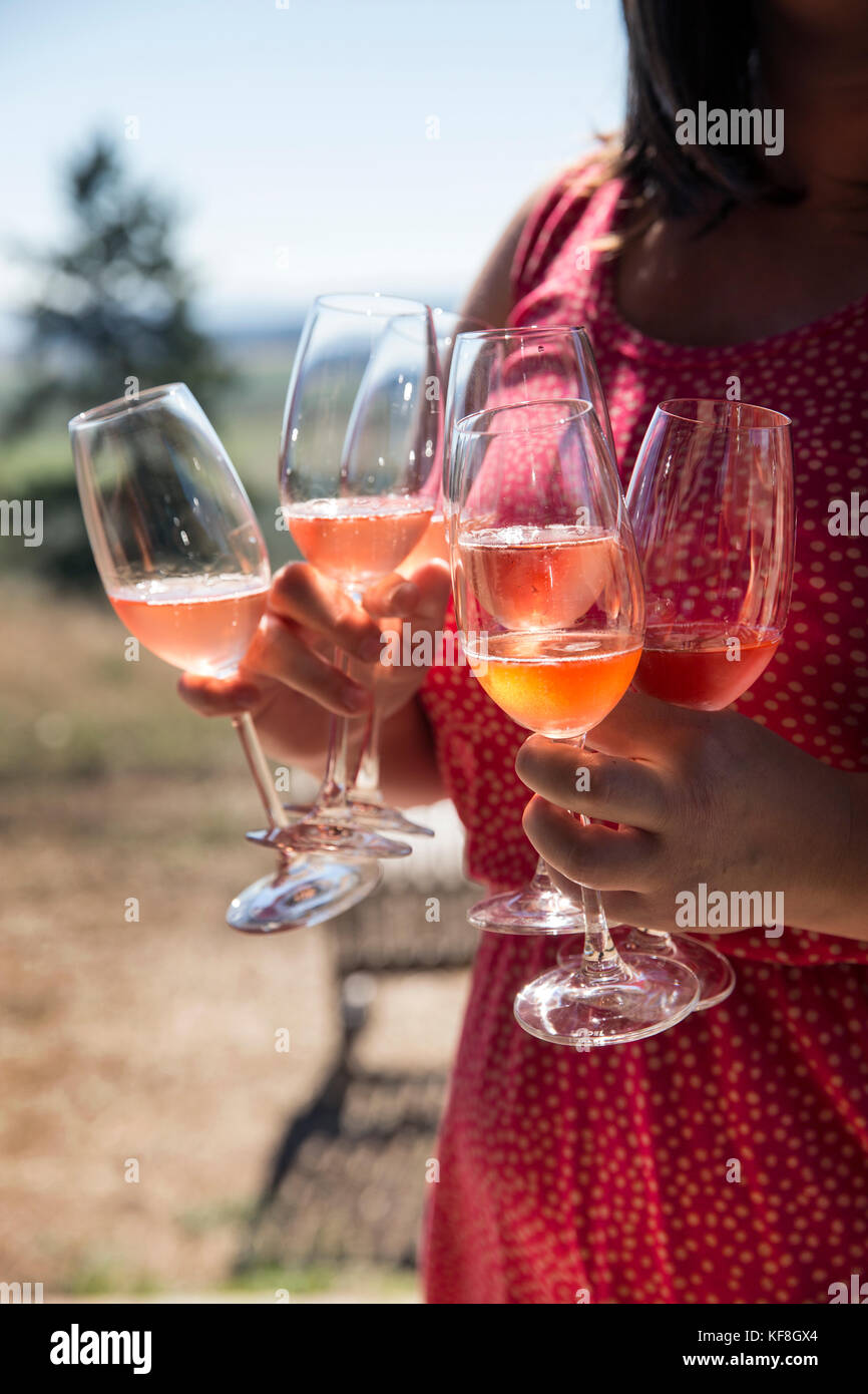 USA, Oregon, Willamette Valley, a woman serves glasses of the Brut Rose ...