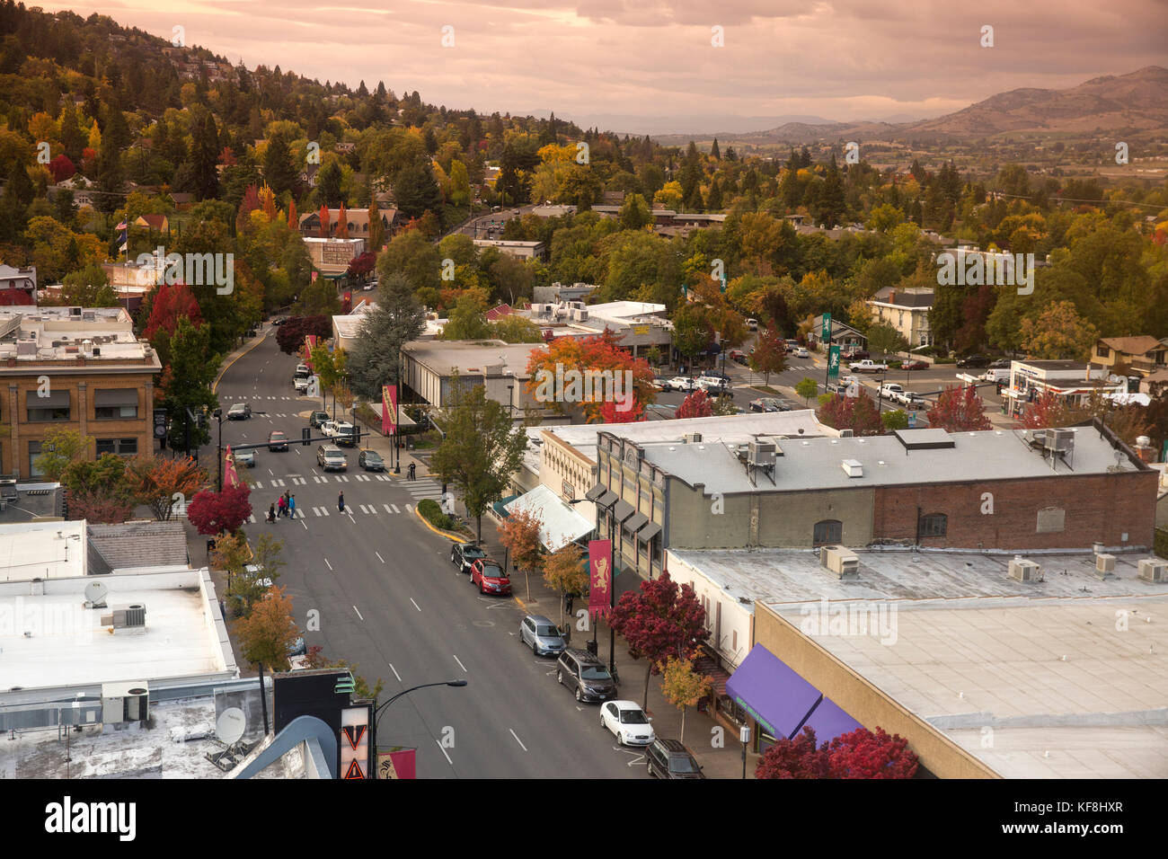 USA, Oregon, Ashland, view of downtown looking North from the 9th floor ...
