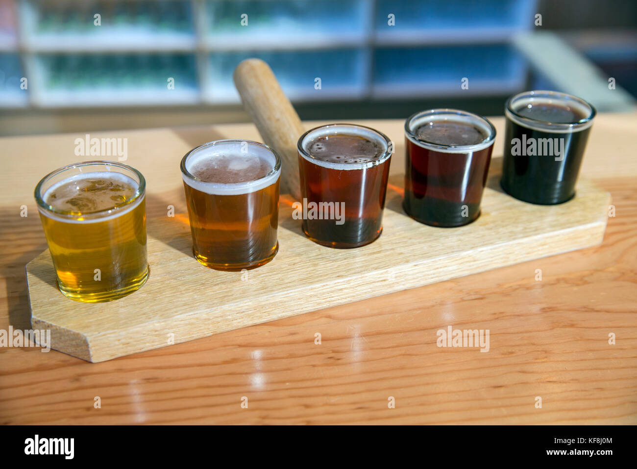 USA, Oregon, Ashland, a sample of beers brewed at the Caldera Brewery ...