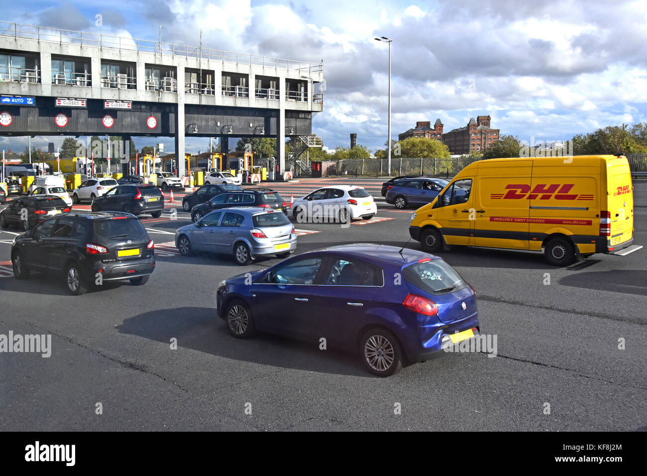Short queues of traffic at toll booths on Wallasey side of Kingsway ...