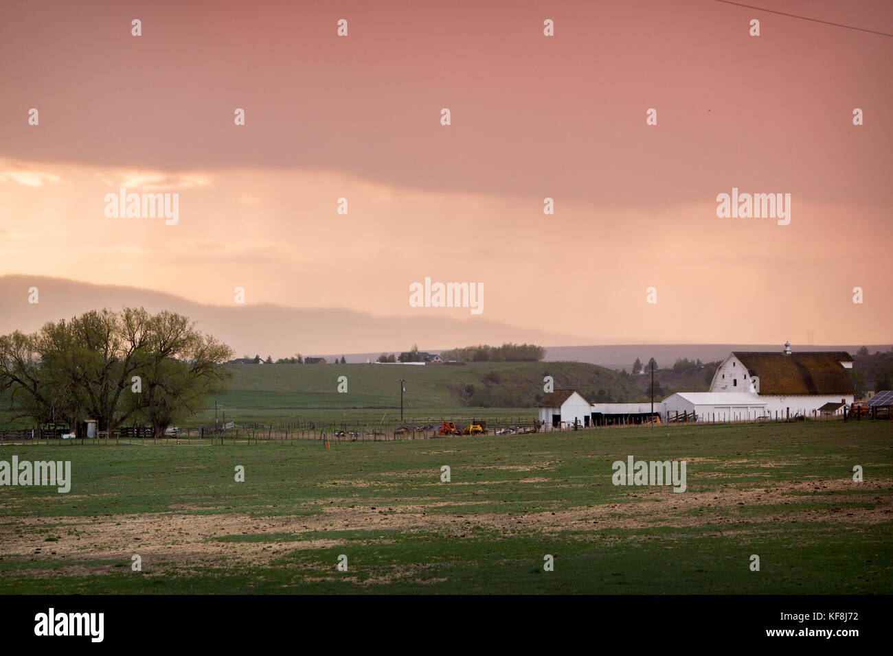 USA, Oregon, Enterprise, a ranch at sunset between Enterprise and ...