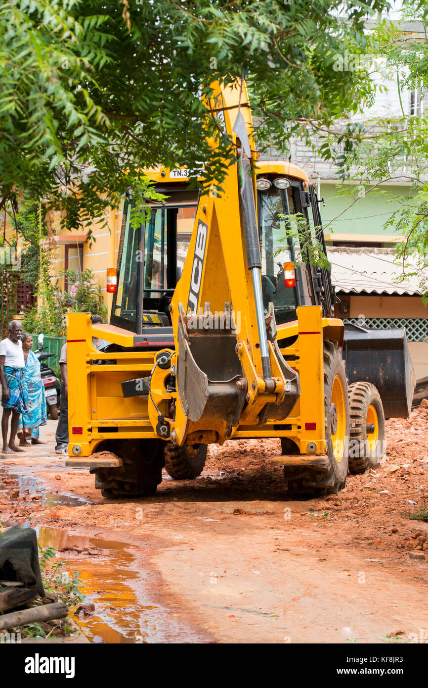 PONDICHERY, PUDUCHERY, INDIA - SEPTEMBER 03, 2017. yellow bulldozer ...