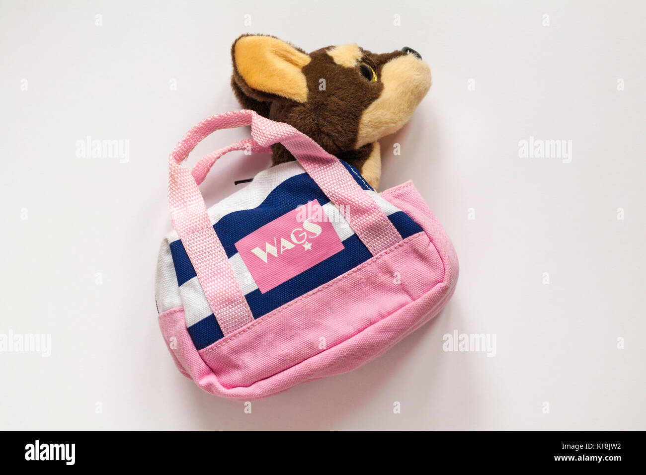 Wags puppy in bag toy isolated on white background Stock Photo - Alamy
