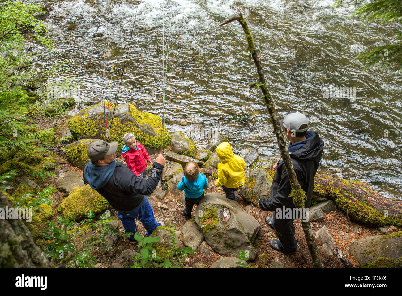 USA, Oregon, Santiam River, Brown Cannon, young boys learning how to ...