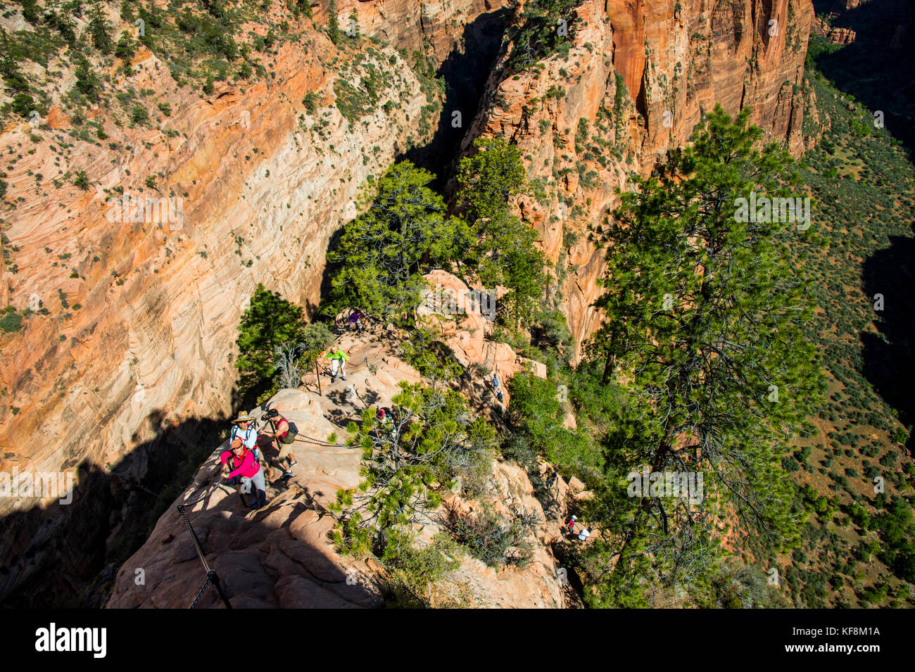 Hiker walking over the narrow edge of Angel´s landing, Zion National ...