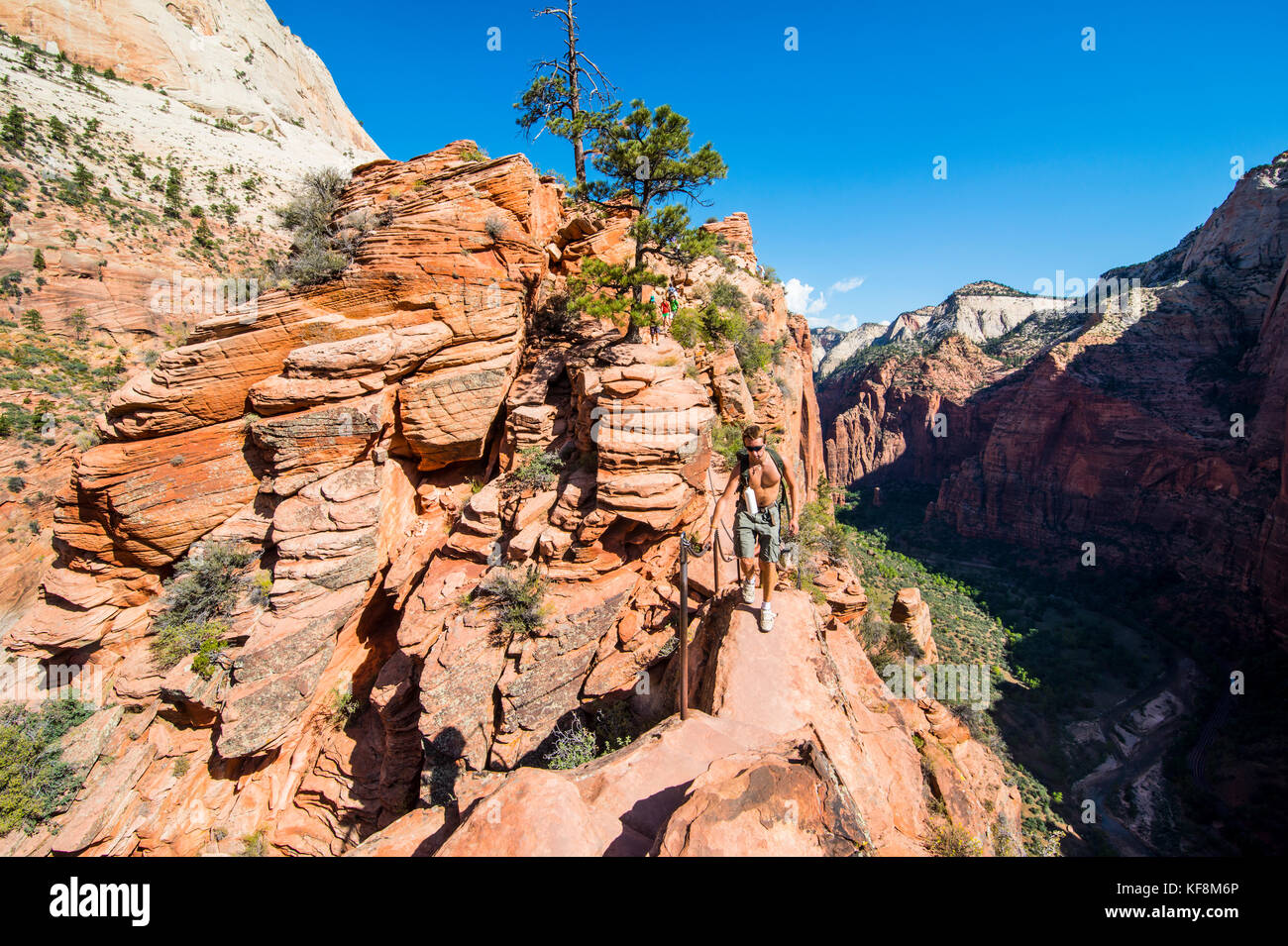 Hiker walking over the narrow edge of Angel´s landing, Zion National ...