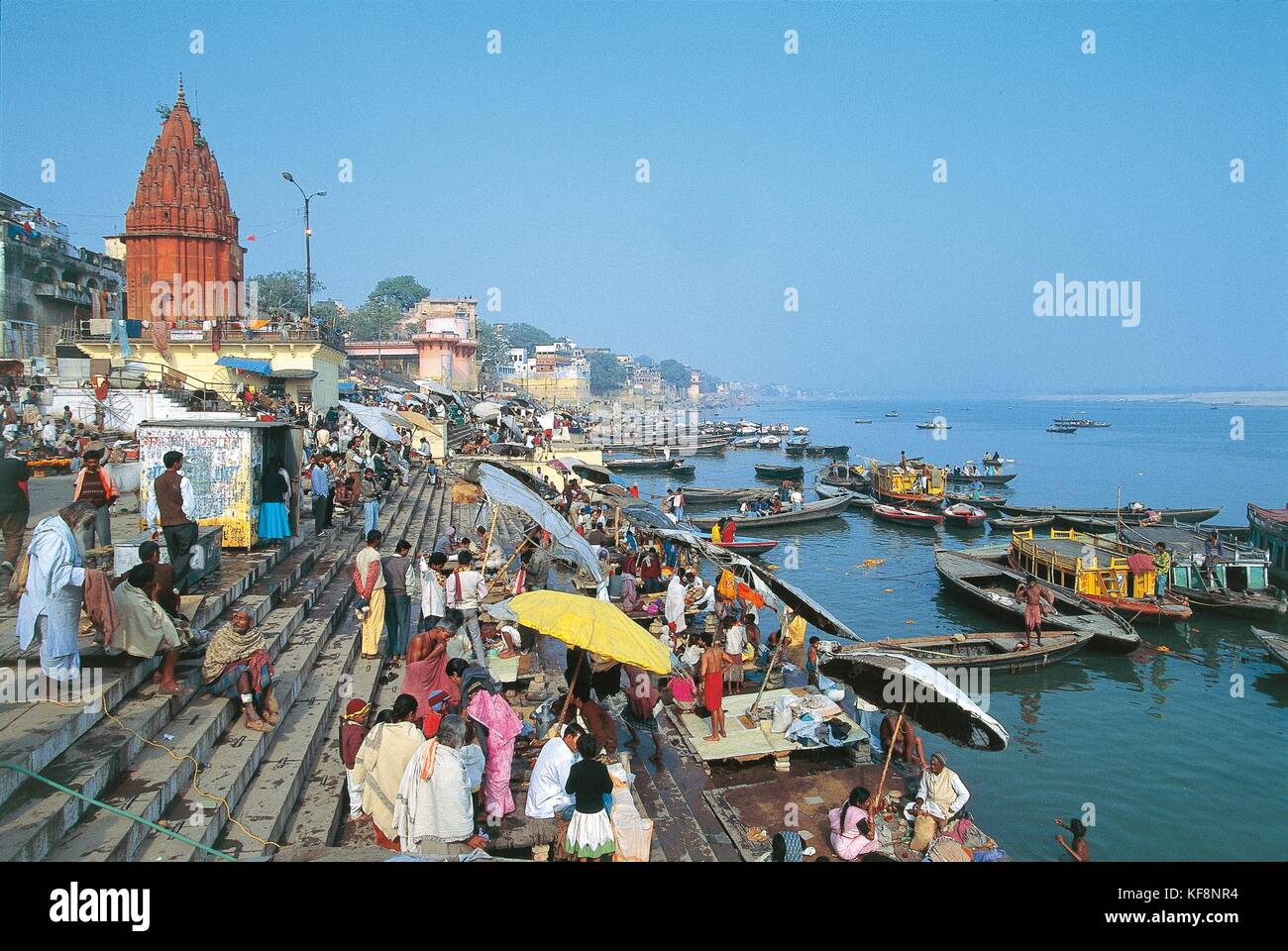 India, Benares, Ghat (a set of steps) sloping down to the river Stock ...
