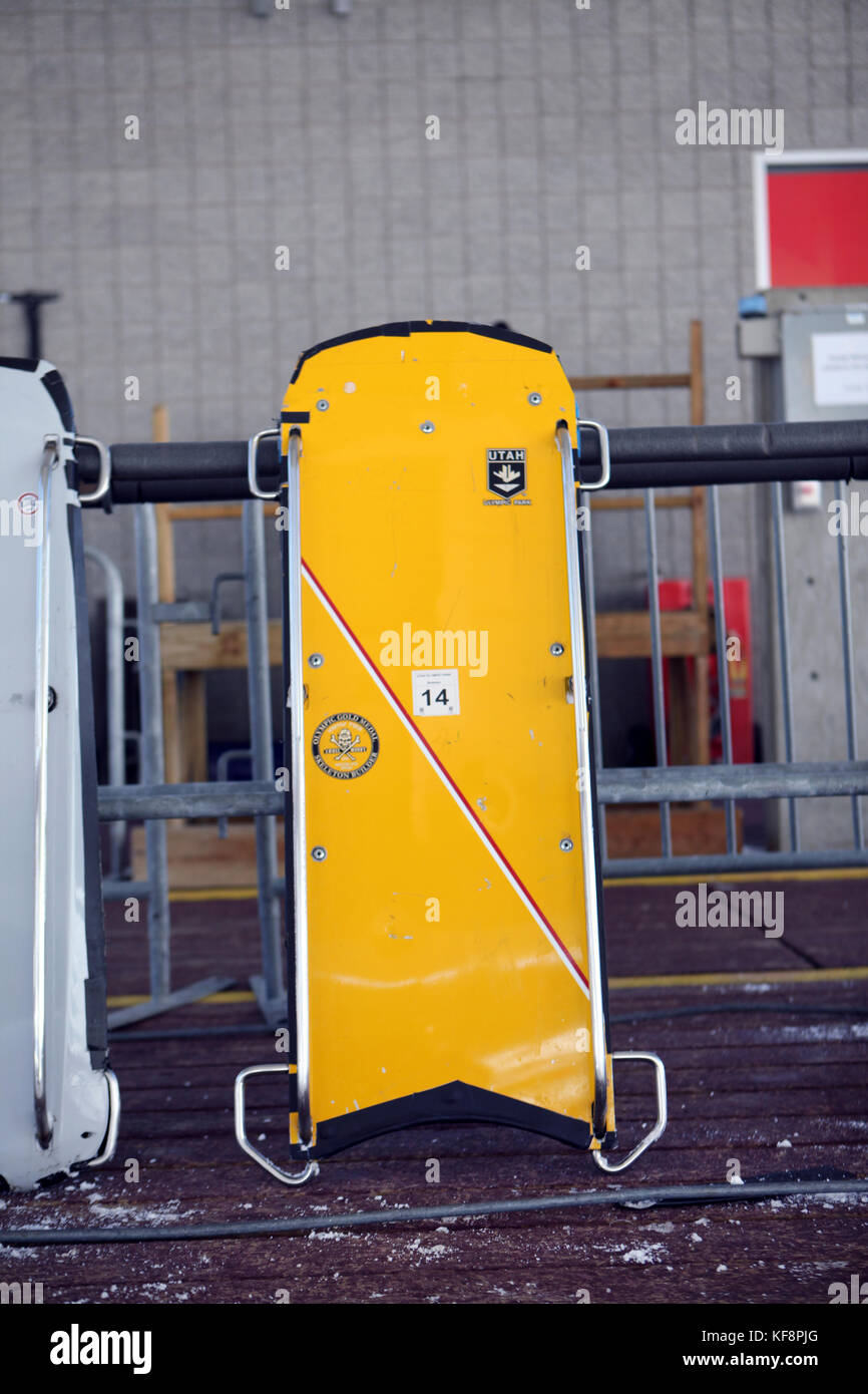 USA, Utah, Park City, a skeleton sled at the Utah Olympic Park Stock ...
