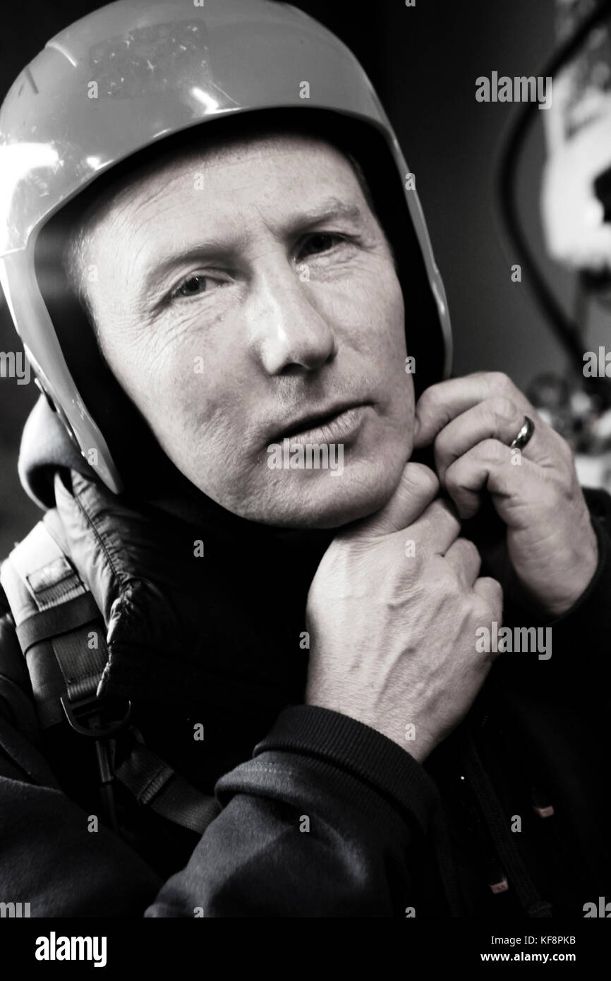 USA, Utah, Park City, Henry Druce prepares to luge, Utah Olympic Park ...