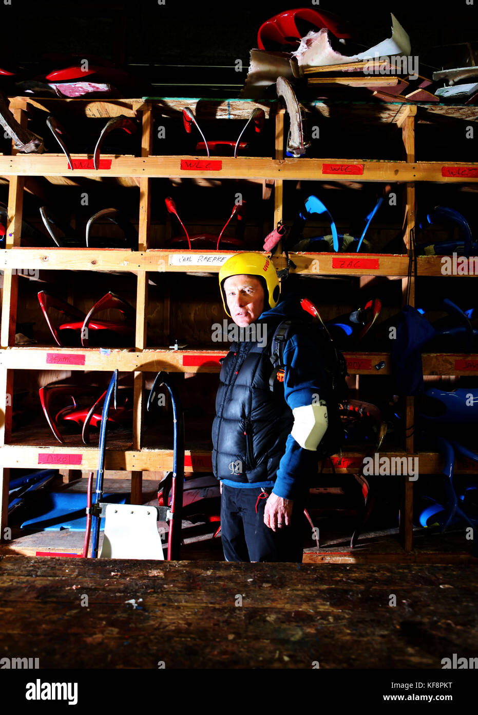 USA, Utah, Park City, portrait of Henry Druce getting ready to Luge ...