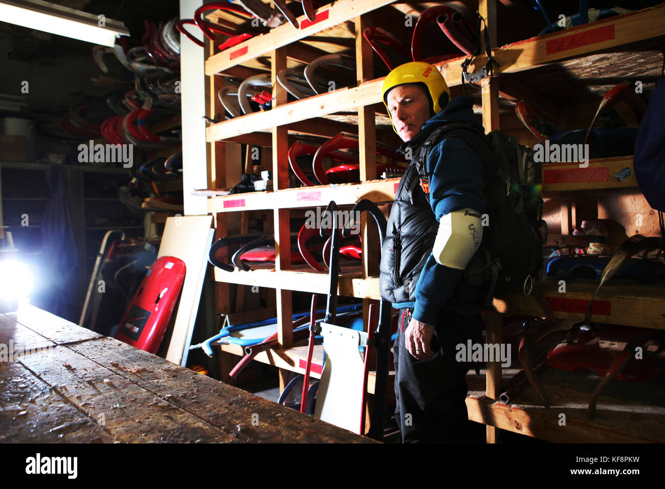 USA, Utah, Park City, portrait of Henry Druce getting ready to Luge ...