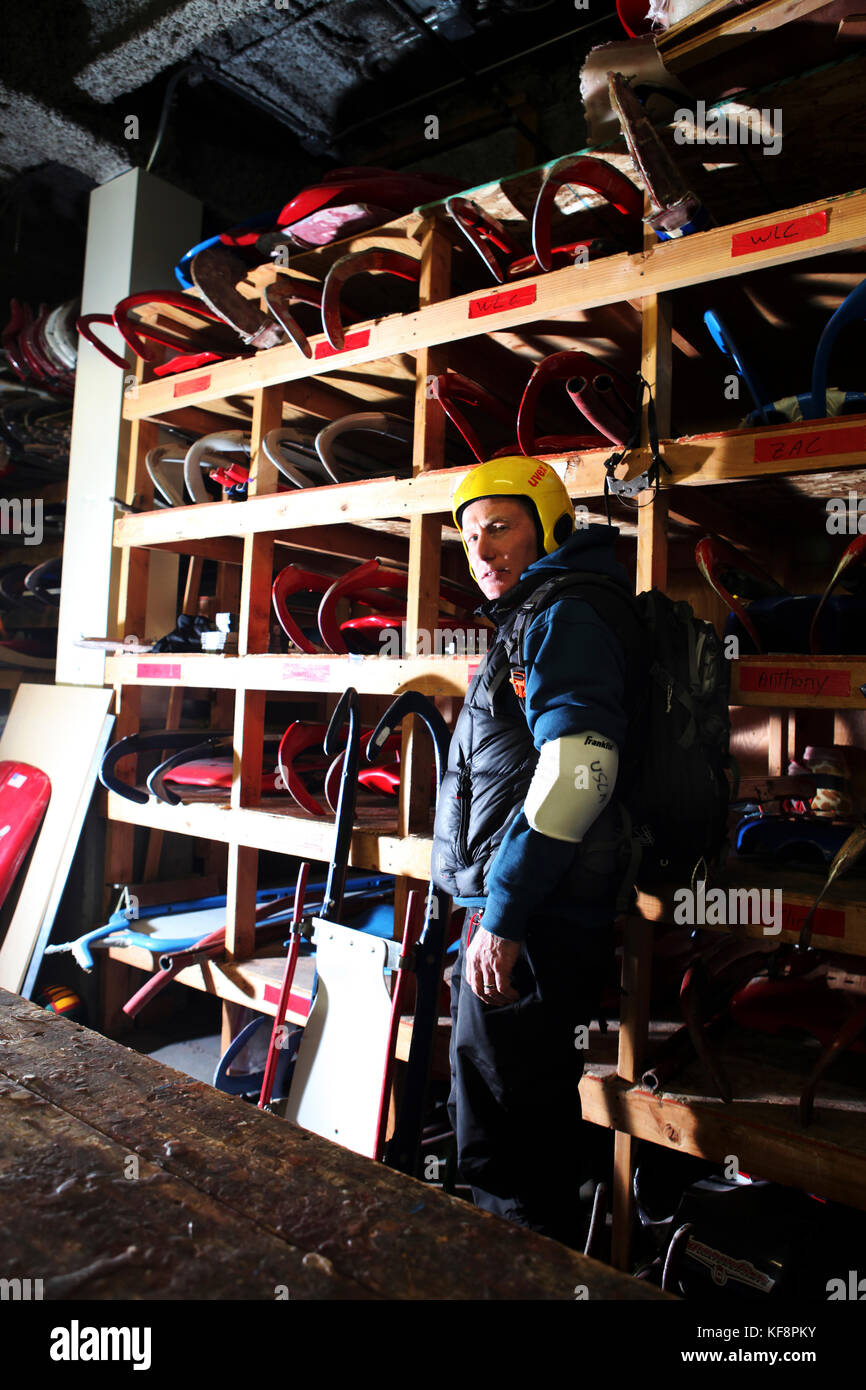 USA, Utah, Park City, portrait of Henry Druce getting ready to Luge ...