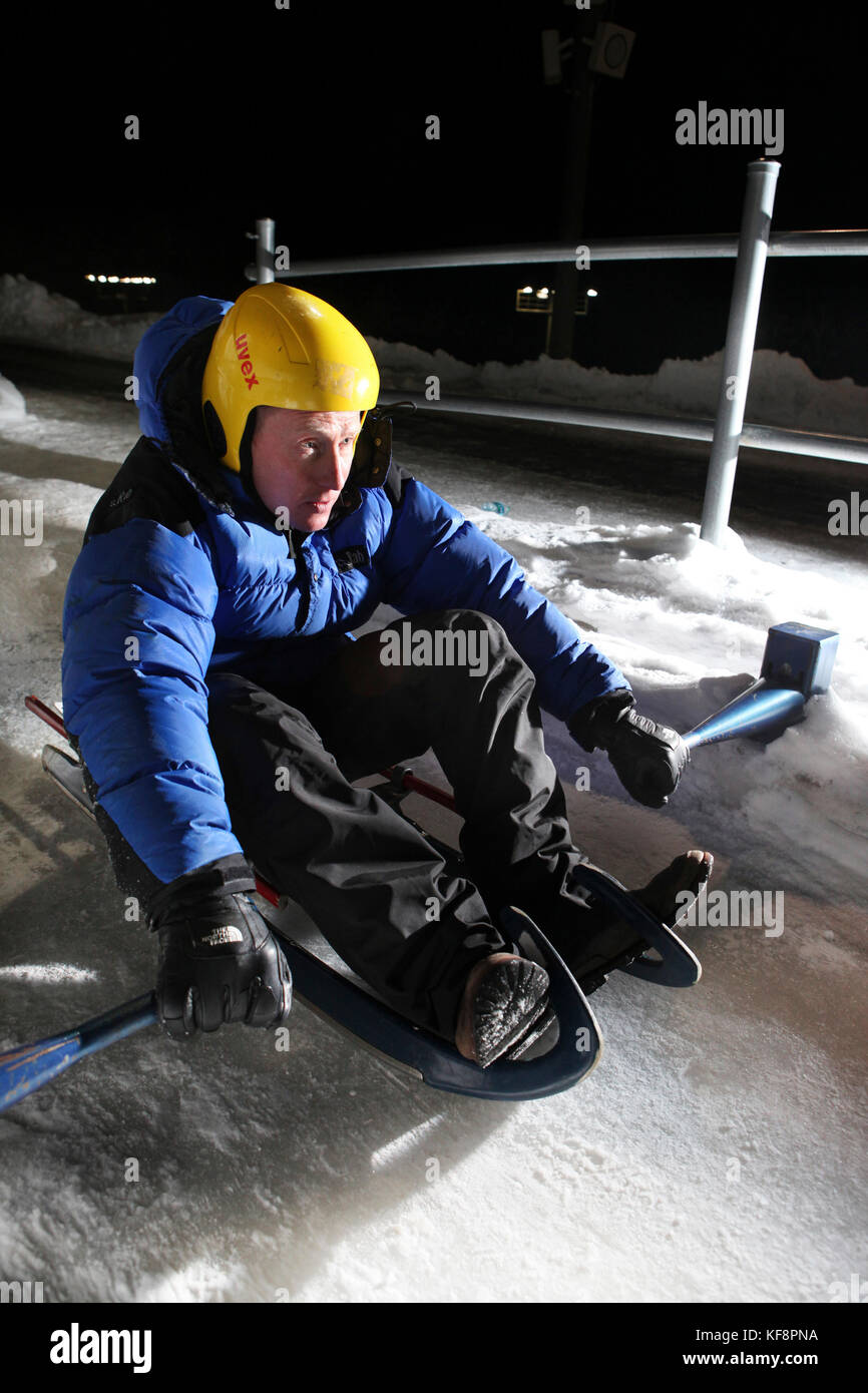 USA, Utah, Park City, Henry Druce at the start of the luge track, Utah ...