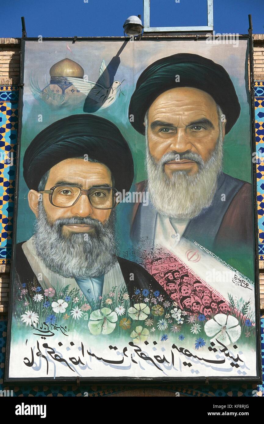 Iran, Mashhad, Portrait of Khomeini and Reza Stock Photo - Alamy