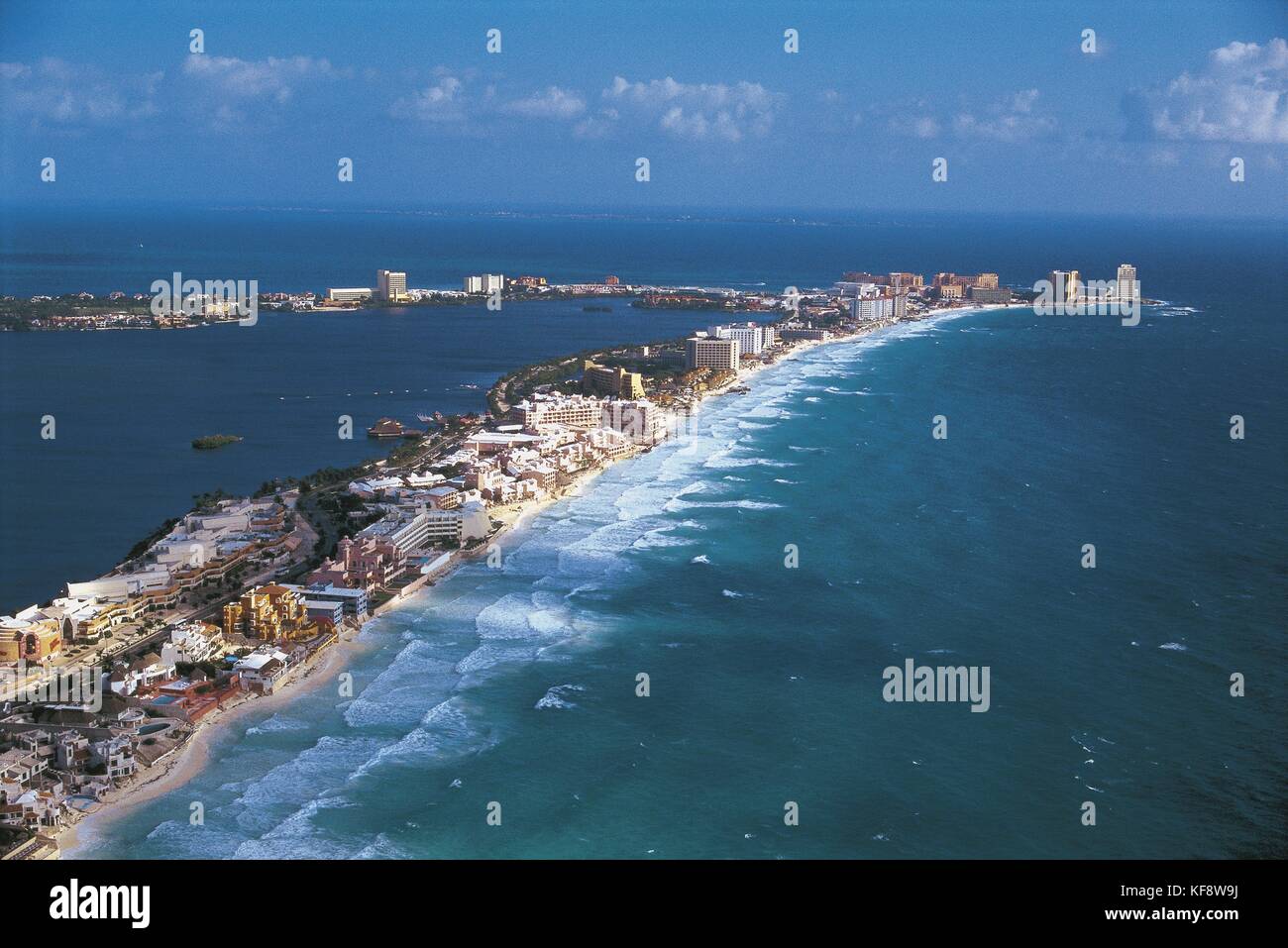 Aerial view of buildings on an island, Mexico, Quintana Roo, Cancun ...