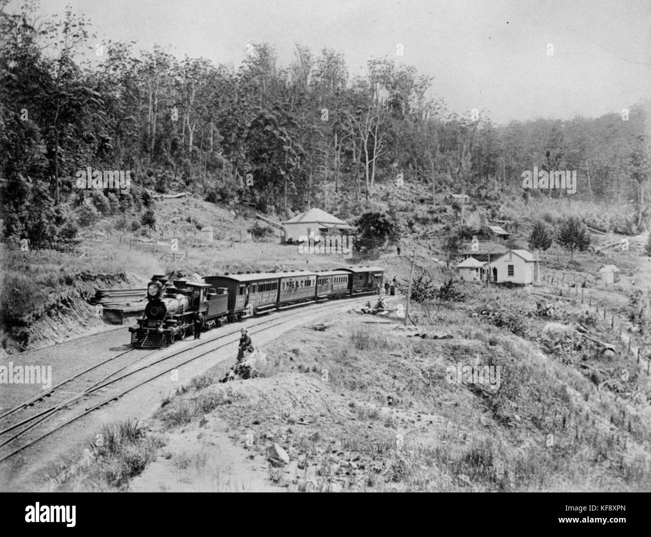 A historic photograph of a locomotive and carriages near Spring Bluff ...