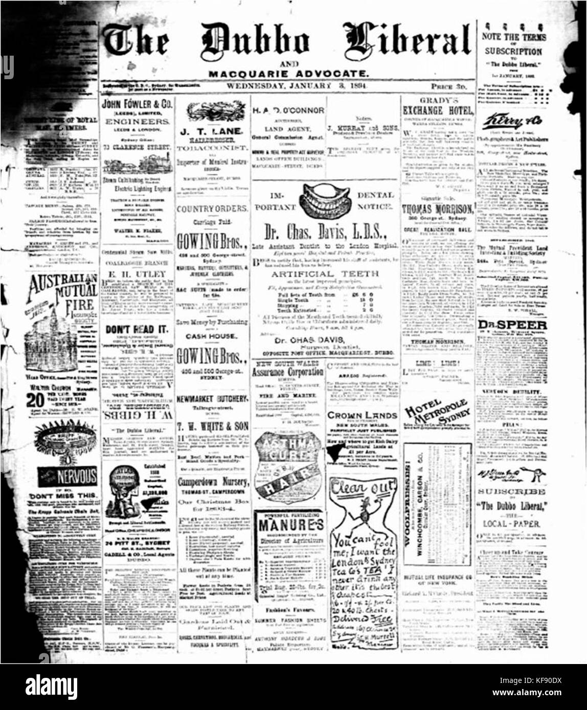 Dubbo Liberal & Macquarie Advcate 3 January 1894 Stock Photo - Alamy