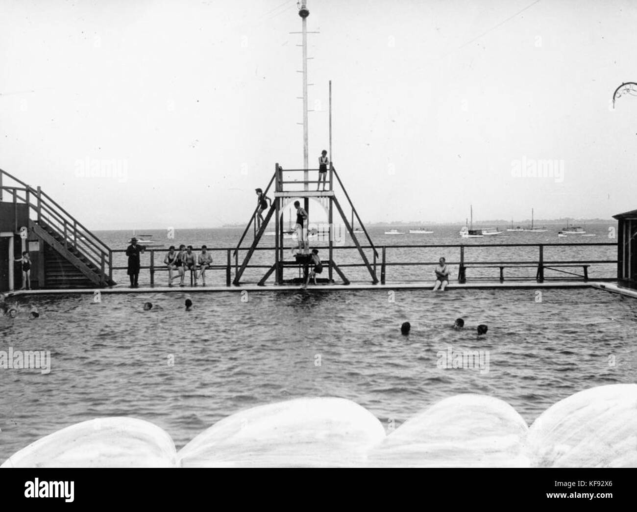 This photograph from 1936 captures bathers at the Manly Swimming Baths ...
