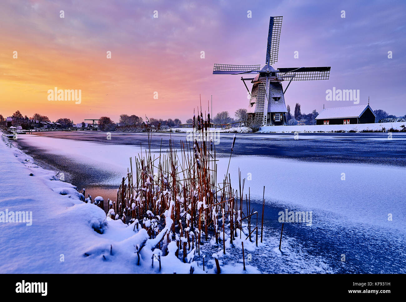 Dutch windmill in the snow of a holland winter Stock Photo - Alamy