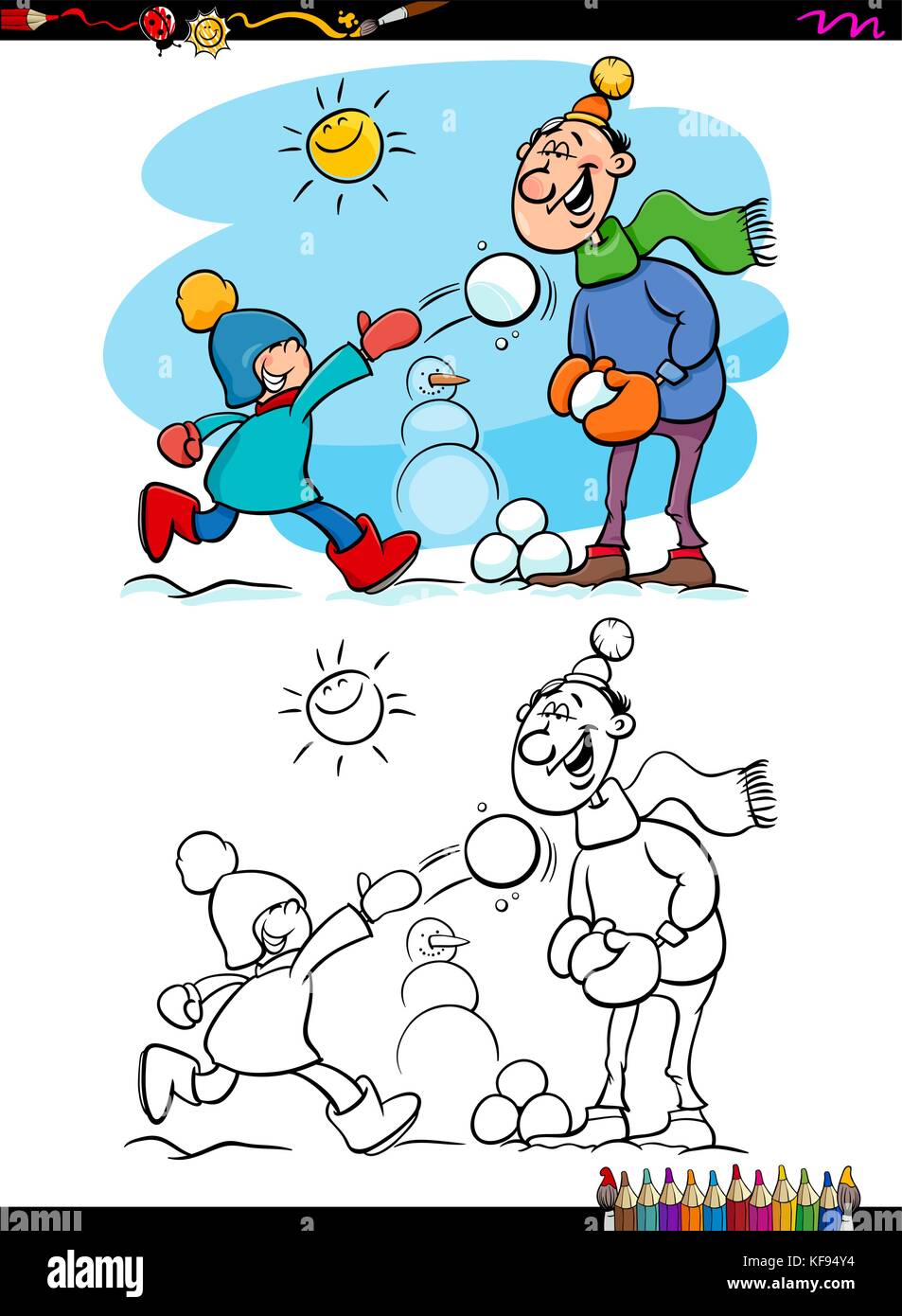 Cartoon Illustration of Father and Little Son Throwing Snowballs and ...