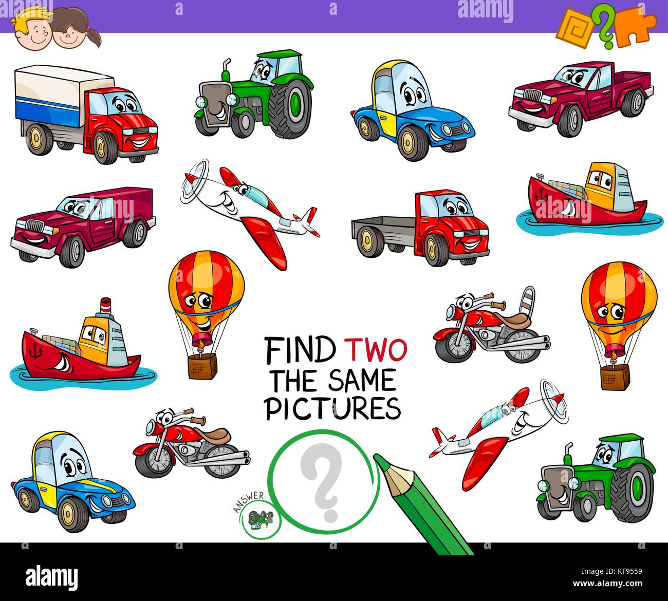 Cartoon Illustration of Finding Two Identical Pictures Educational ...